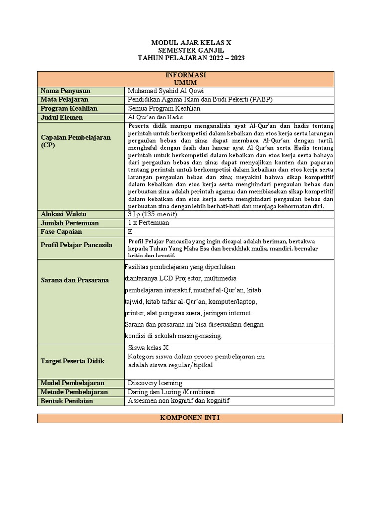 Modul Pembelajaran Qurdis X M Syahid | PDF