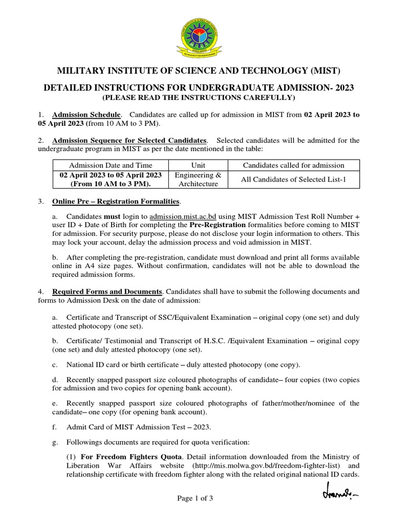 MIST 2023 Undergraduate Admission Guide | PDF | Fee | Banks