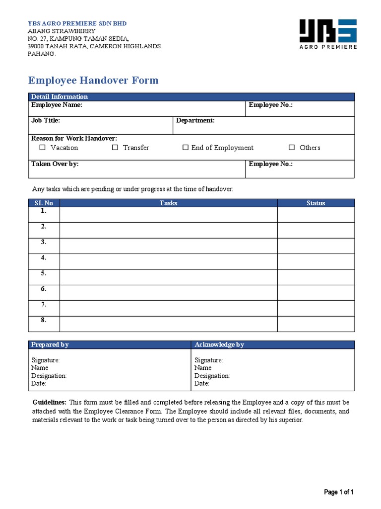 Employee Handover Form (YBSAP) | PDF