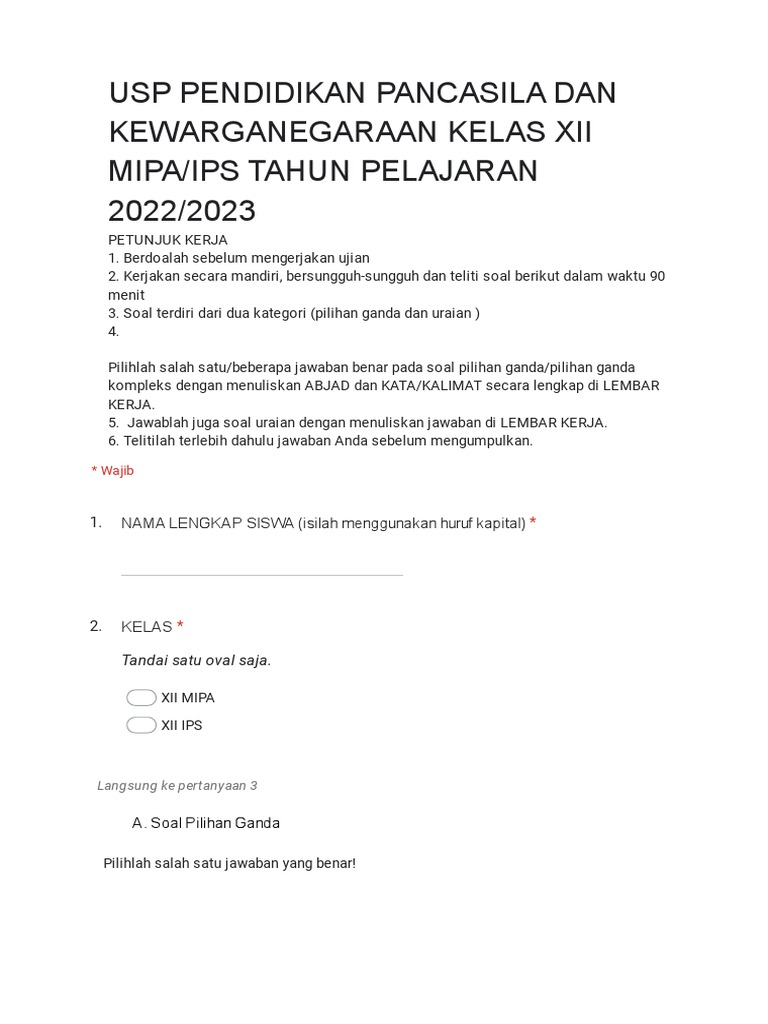 USP PKN KELAS XII TAHUN PELAJARAN 2022 - 2023 - Google Formulir-1 | PDF