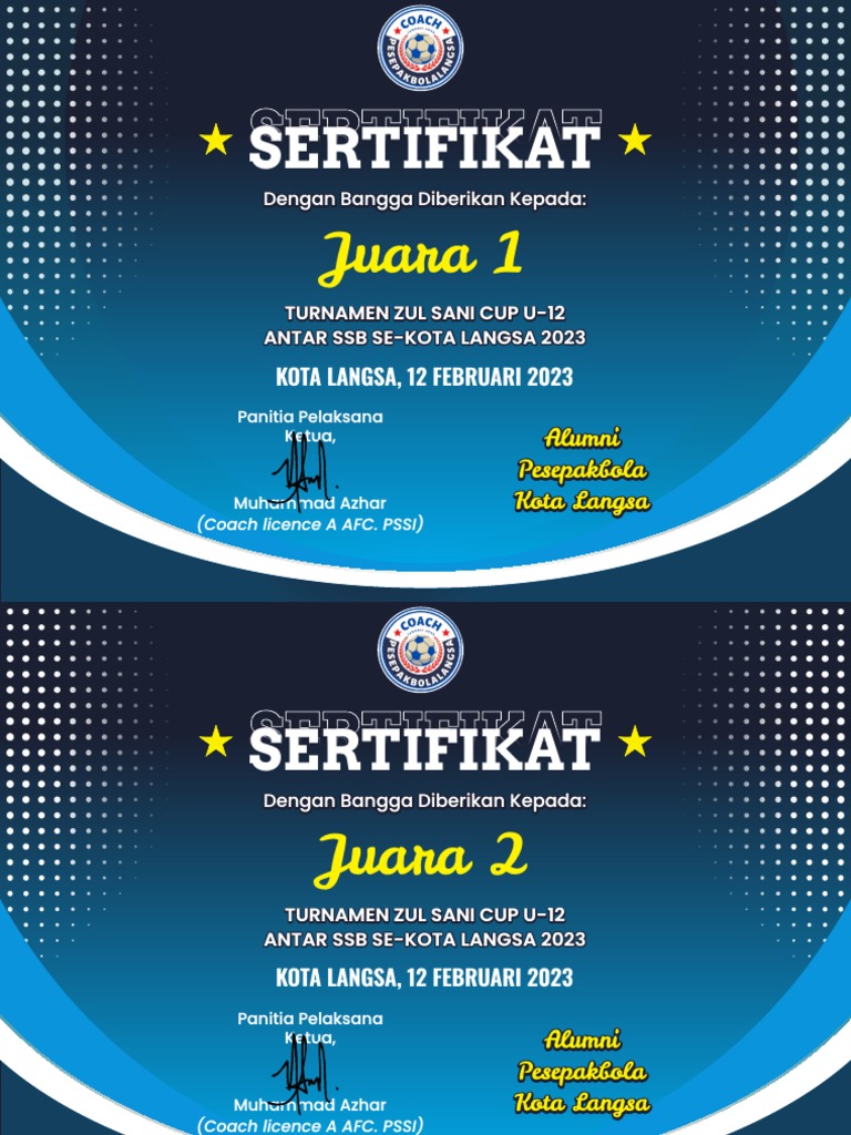 Sertifikat Turnamen Zul Sani Cup U-12 | PDF