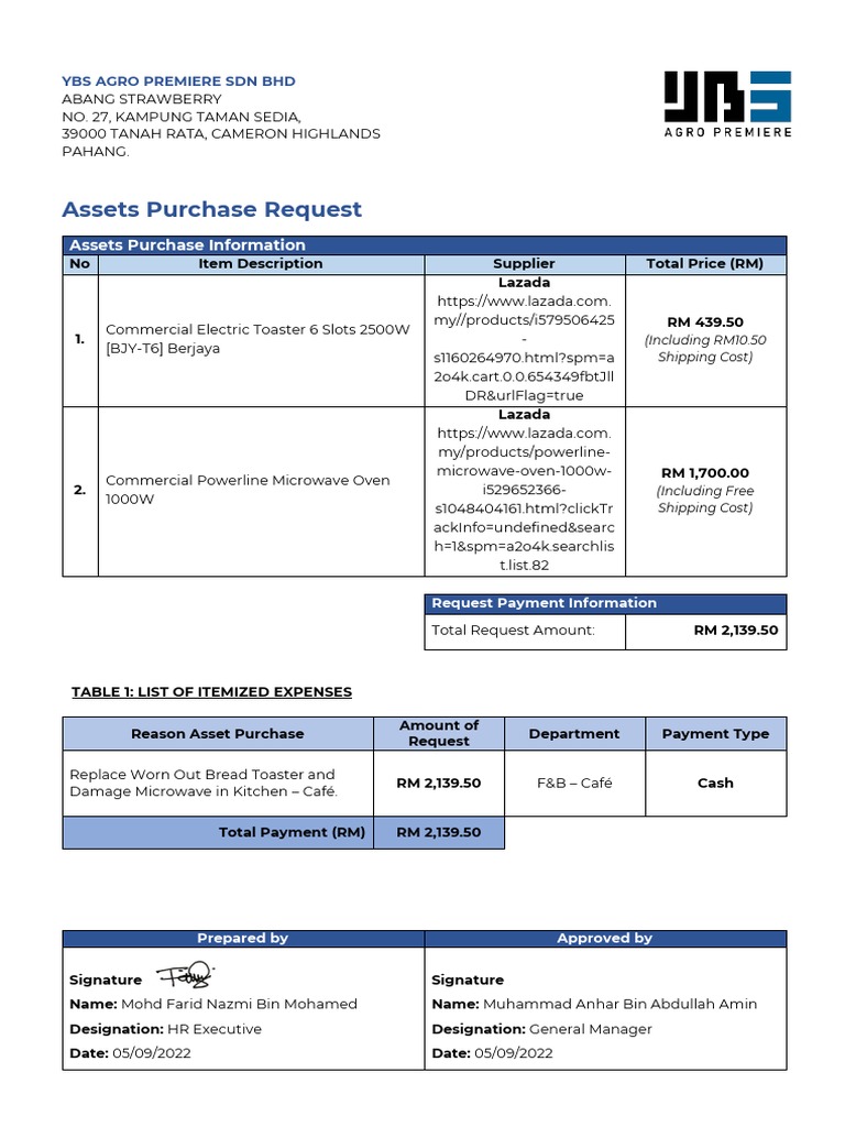 Assets Purchase Request - F&B001-092022 (SIGNED) | PDF