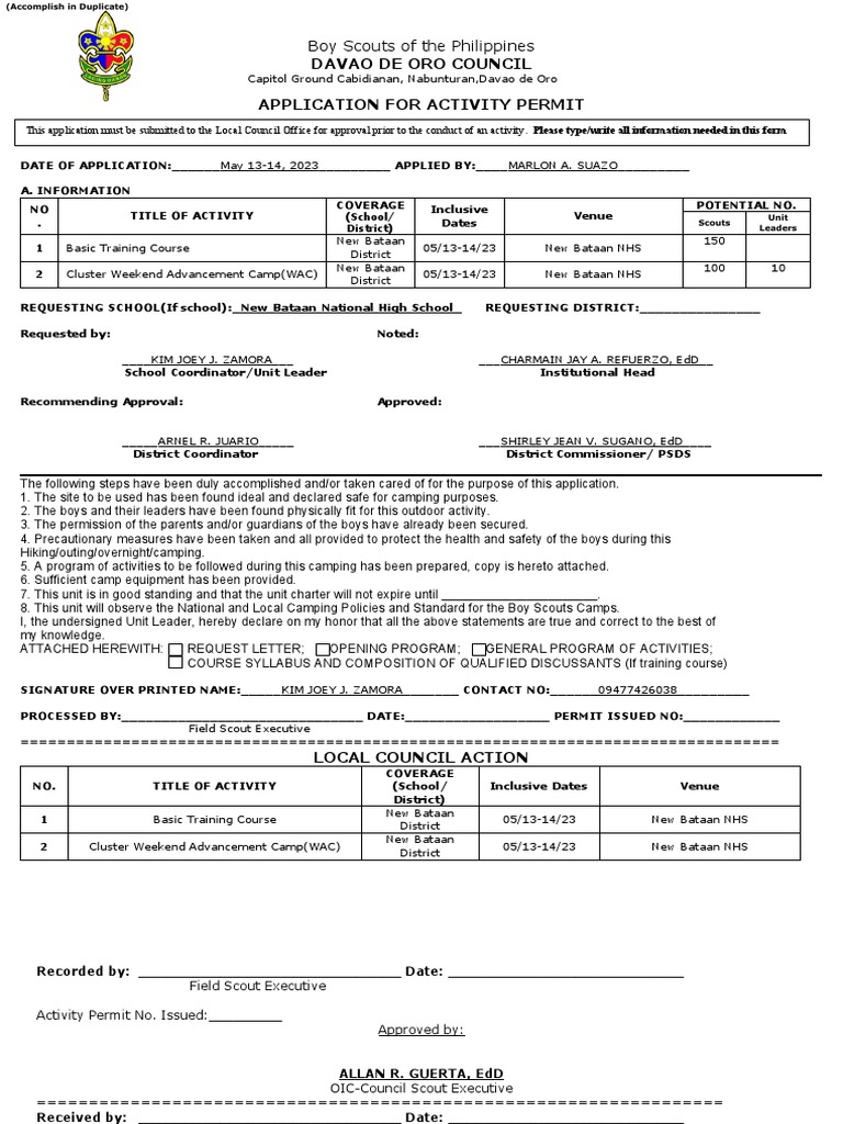 BSP Activity PERMIT - Application 1 | PDF