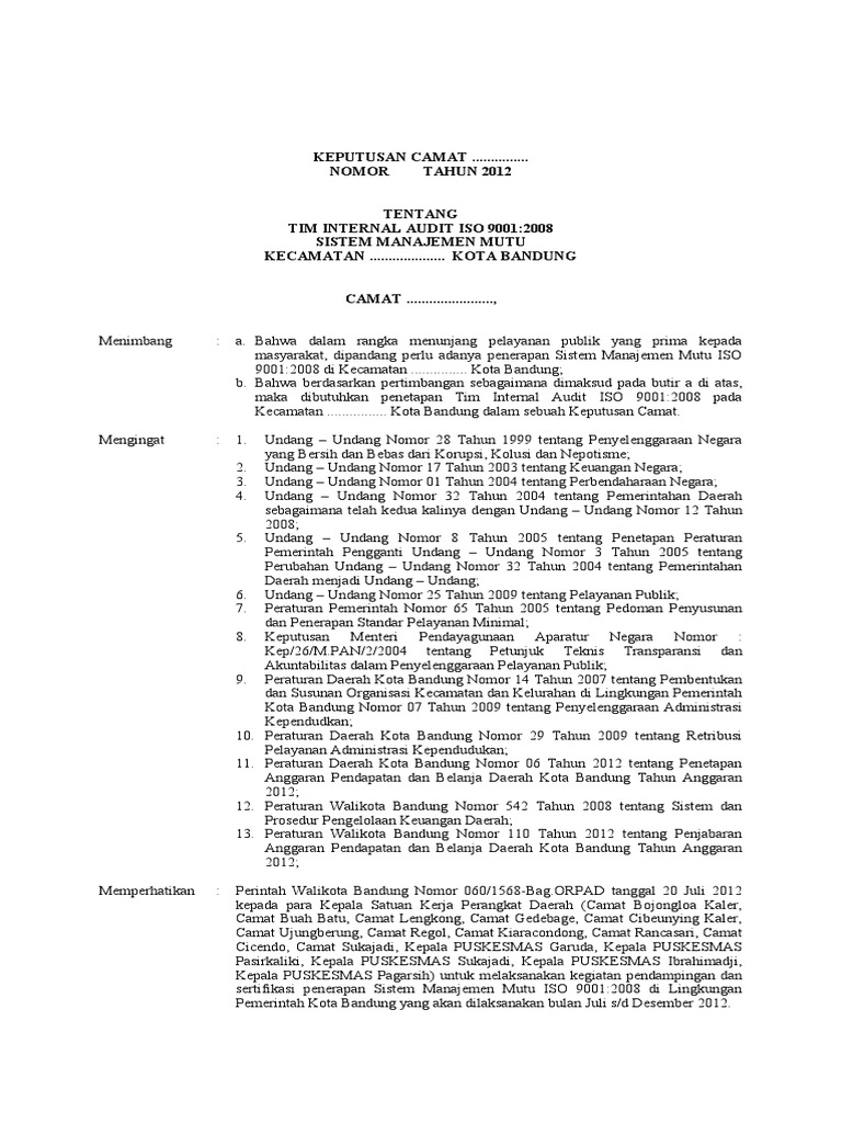 SK CAMAT - Tim Audit Internal ISO 9001 | PDF