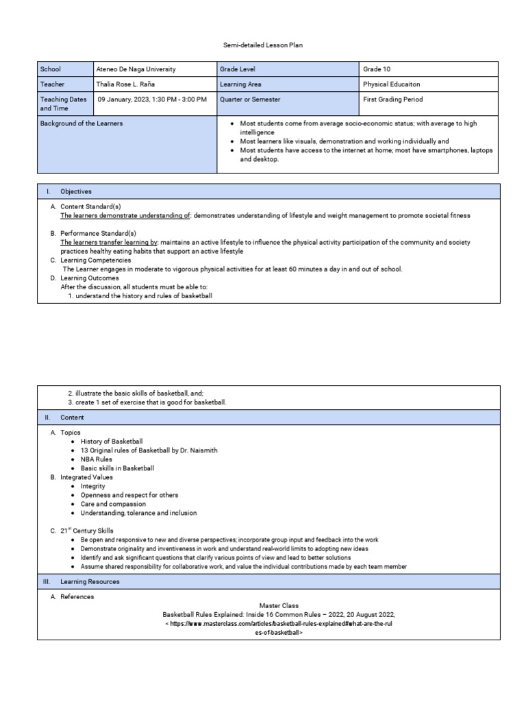 Semi-Detailed Lesson Plan About Basketball Sir JP | PDF