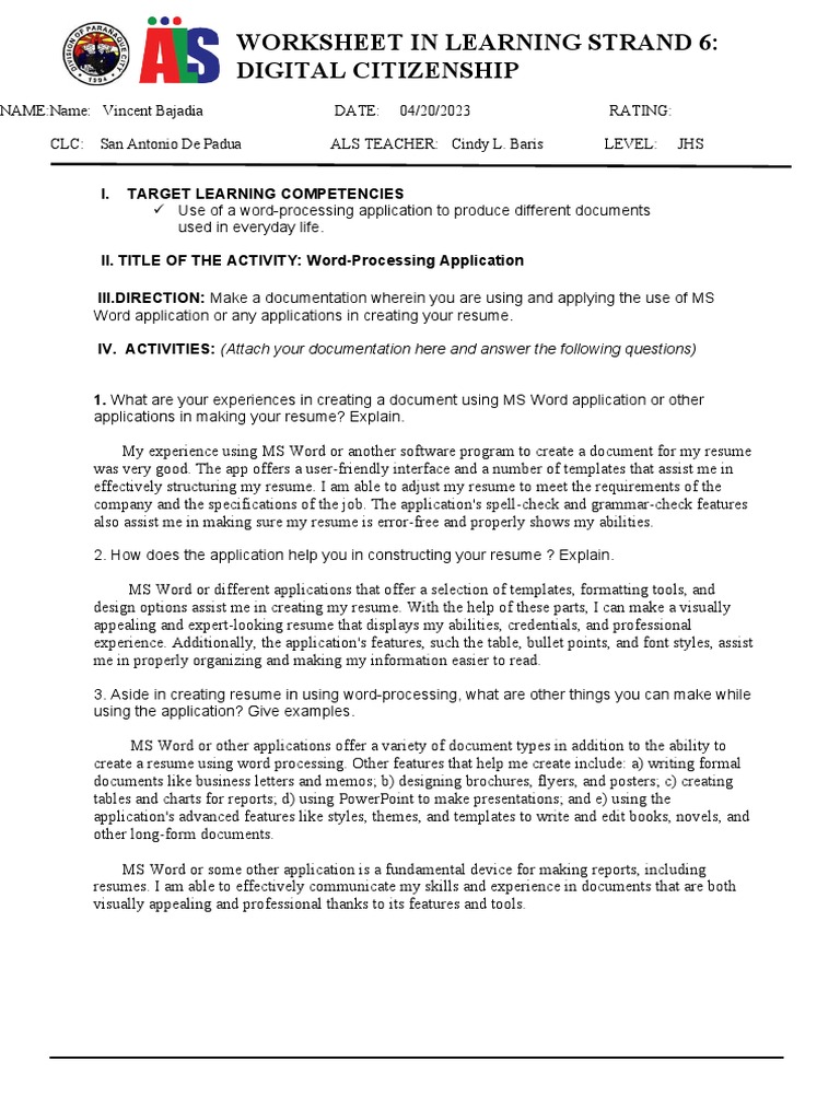 LS6 WorkSheet WORD PROCESSING | PDF | Application Software | Microsoft Word