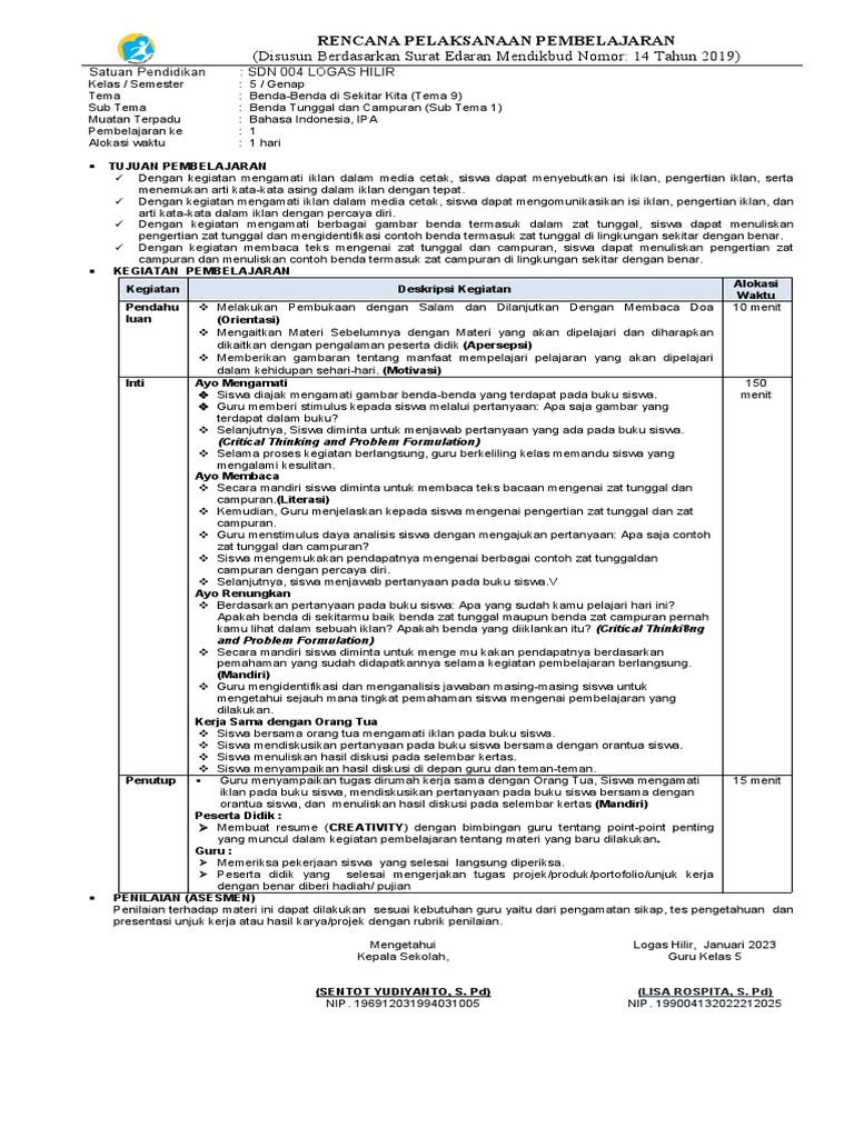 RPP 1 Lembar Kelas 5 Tema 9 | PDF
