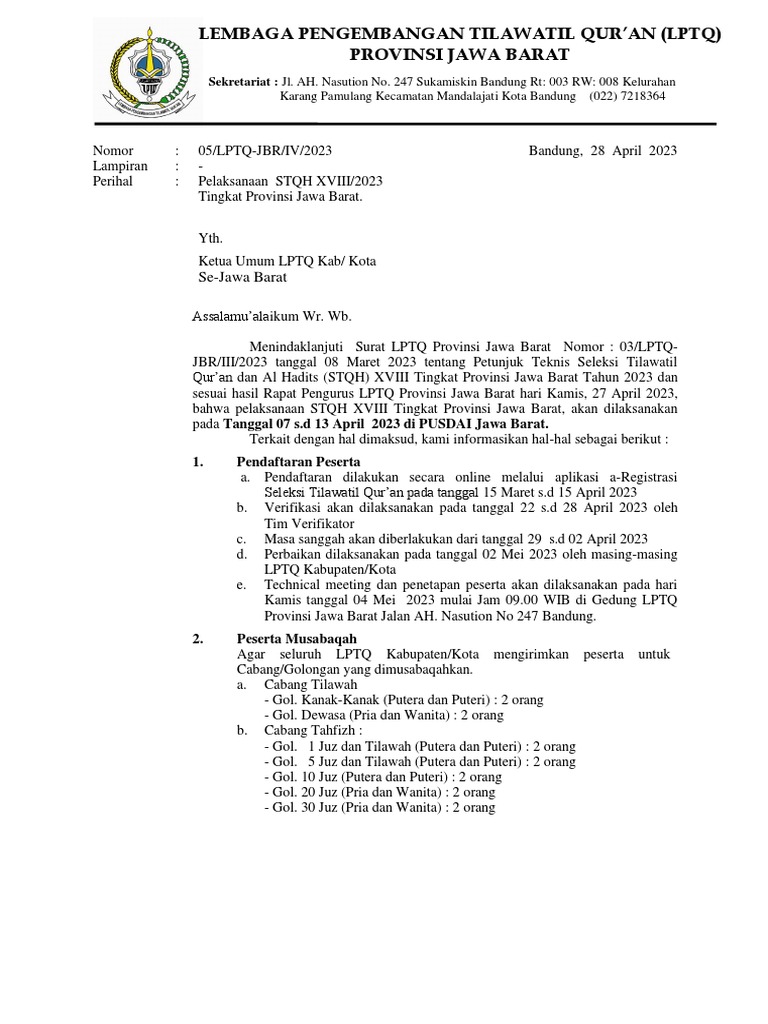 Surat Pelaksanaan STQ XVIII Tk. Prov. Jawa Barat Tahun 2023 | PDF