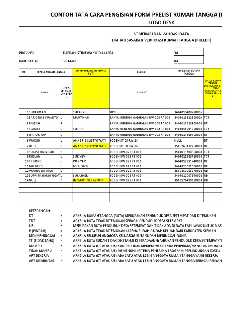 CONTOH PENGISIAN FORM PRELIST.xlsx | PDF
