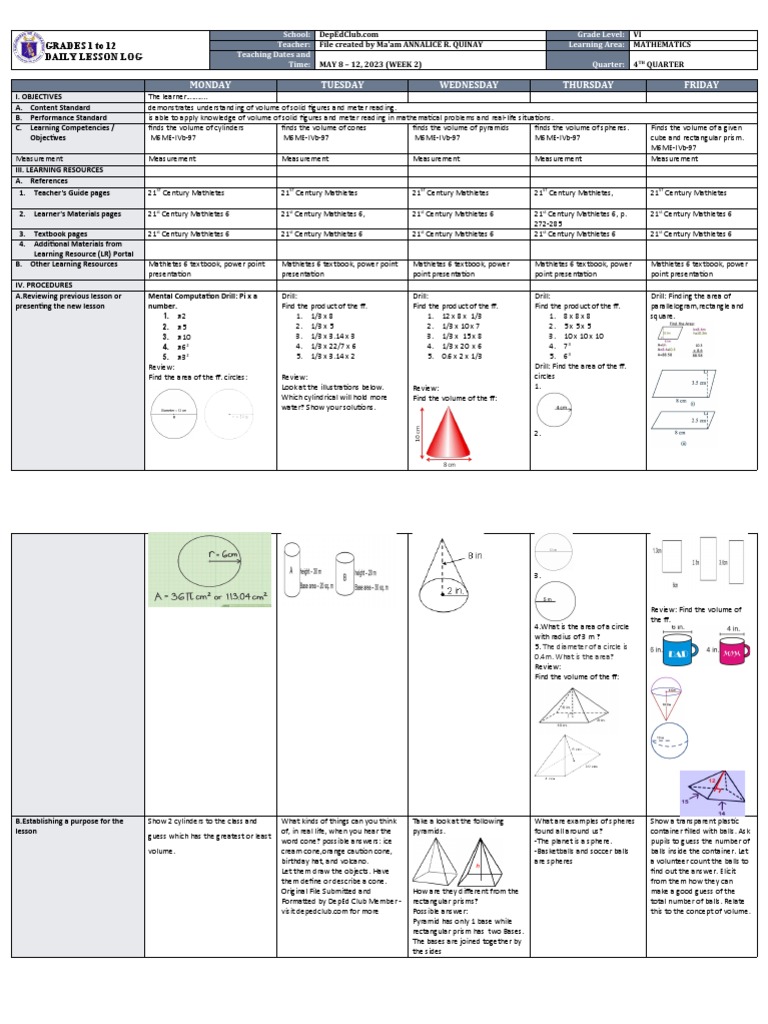 Volume Calculations for Grade VI Math | PDF