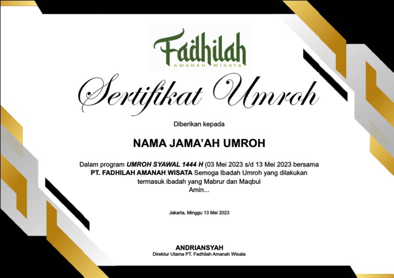 Sertifikat Umroh PT. Fadhilah Amanah | PDF