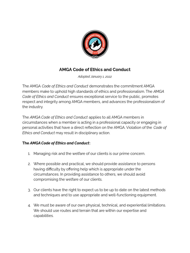 AMGA Code of Ethics and Conduct 01 01 22 PDF | PDF