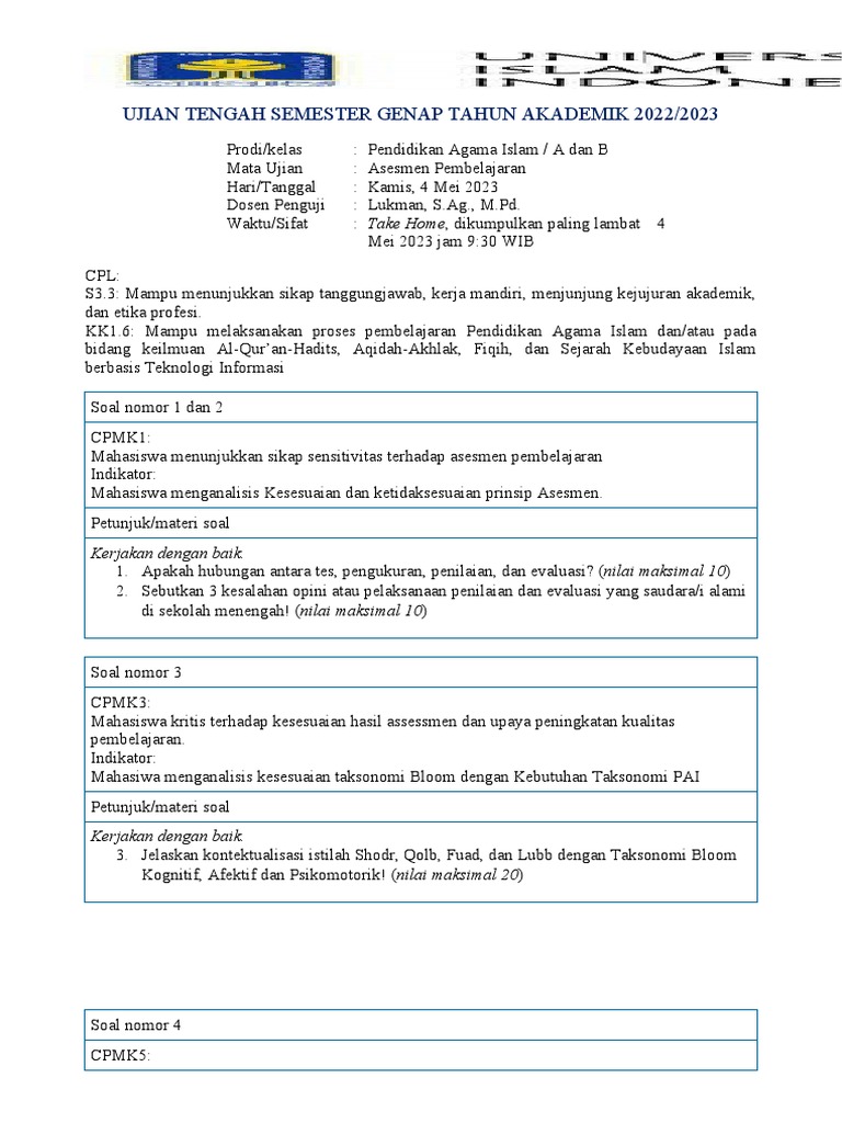 UTS Asesmen Pembelajaran 2023 - Lukman | PDF