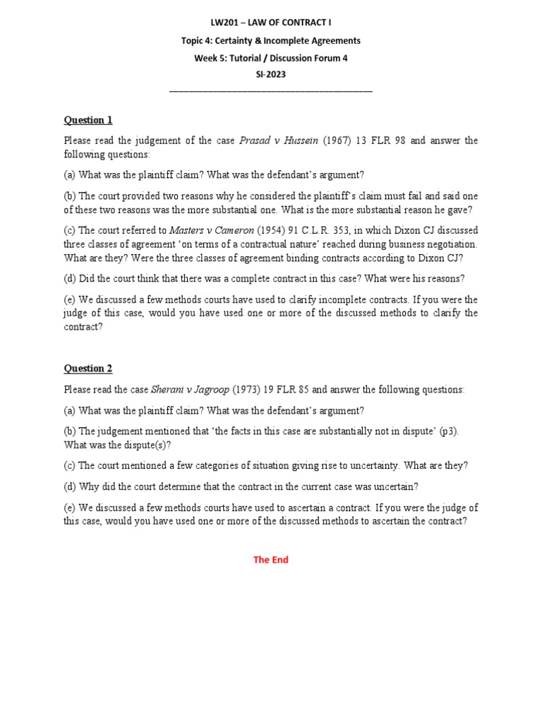 Week 5 - Tutorial 4 - Question - Certainty Incomplete Agreements.docx | PDF