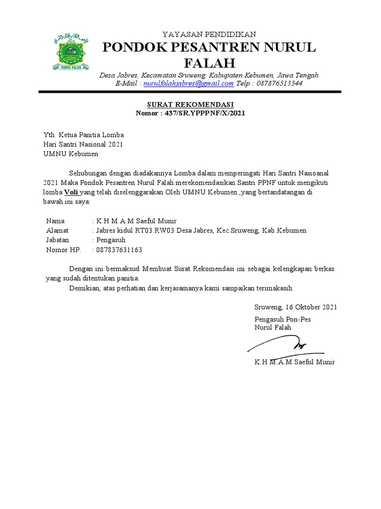 Surat Rekomendasi Ikut Lomba | PDF