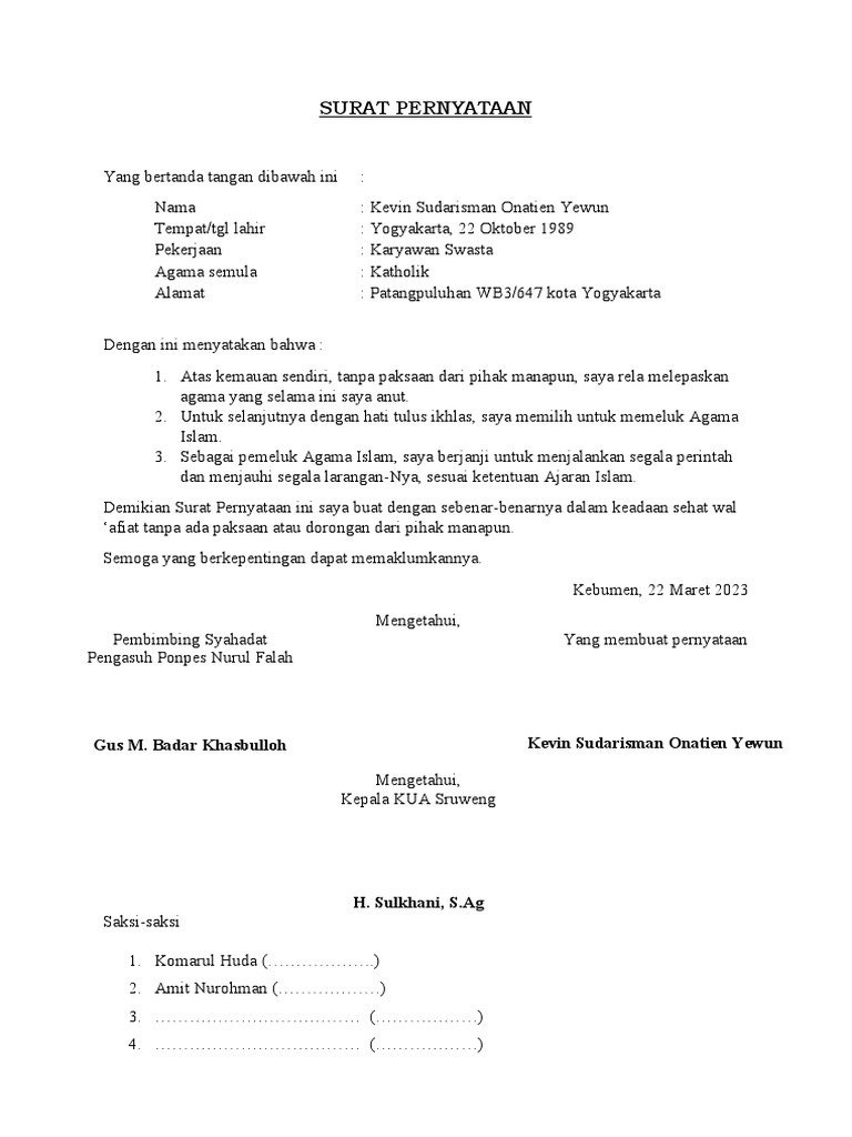 SURAT PERNYATAAN MUALAF.docx | PDF