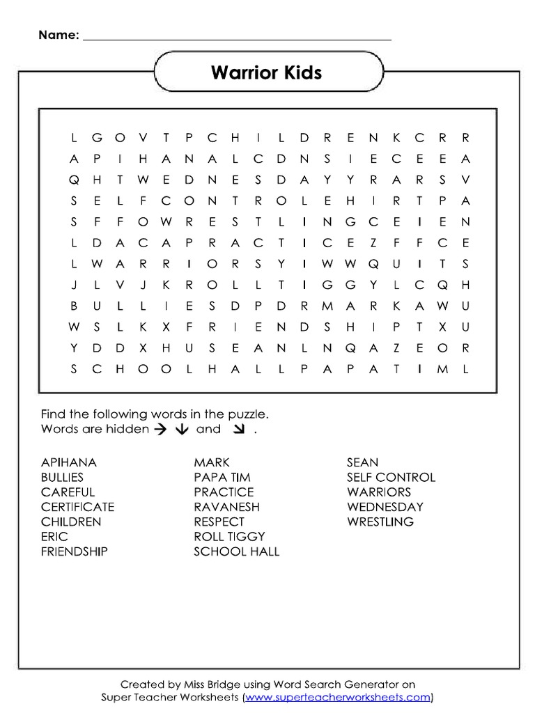 Warrior Kids Word Search PDF | PDF