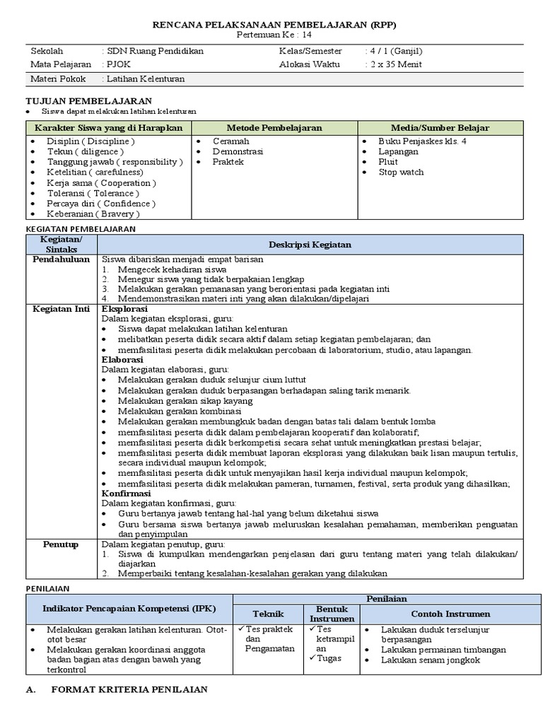 RPP PJOK Kelas 4 Sem 1 - Latihan Kelenturan | PDF