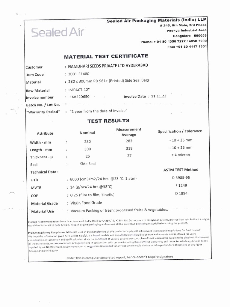 COA Sealed Air - 1kg PDF | PDF