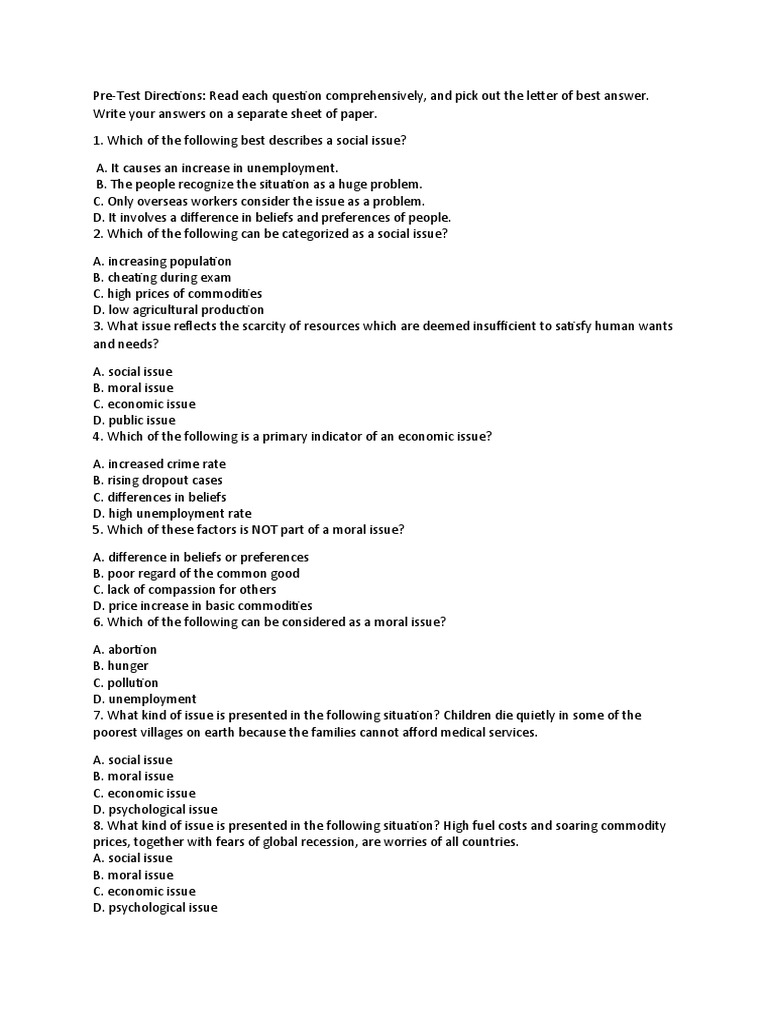 Pre Test Social, Moral and economic Issues.docx | PDF