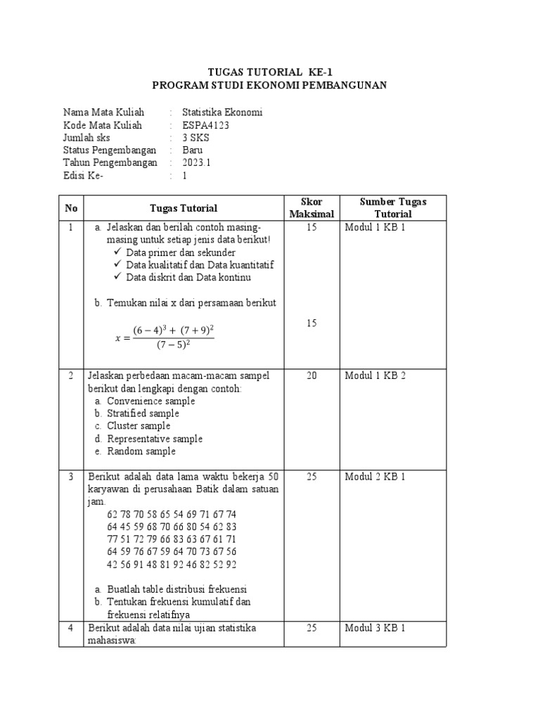 Tugas Ke 1 Statistika Ekonomi Revisi PDF | PDF