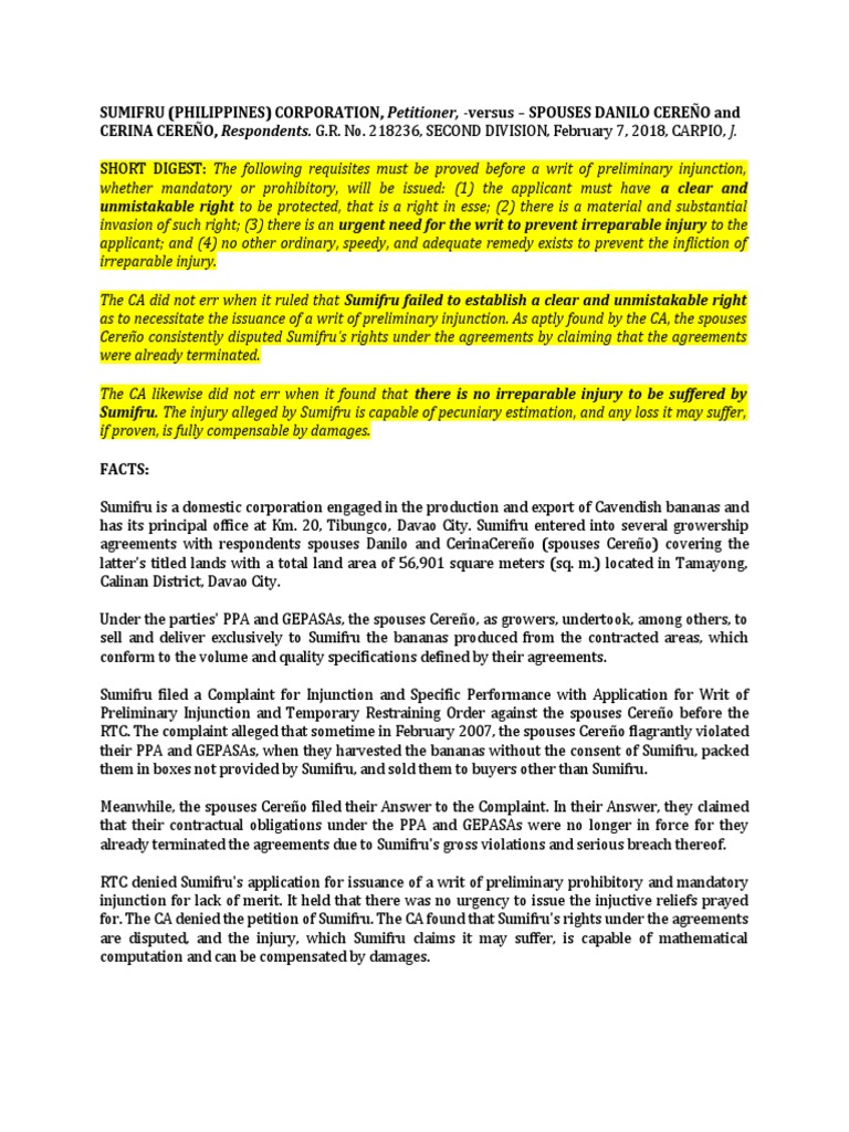 Sumifru Digest | PDF | Injunction | Complaint