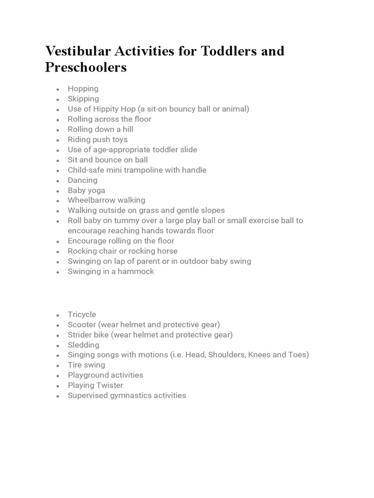 Vestibular Activities For Toddlers and Preschoolers | PDF
