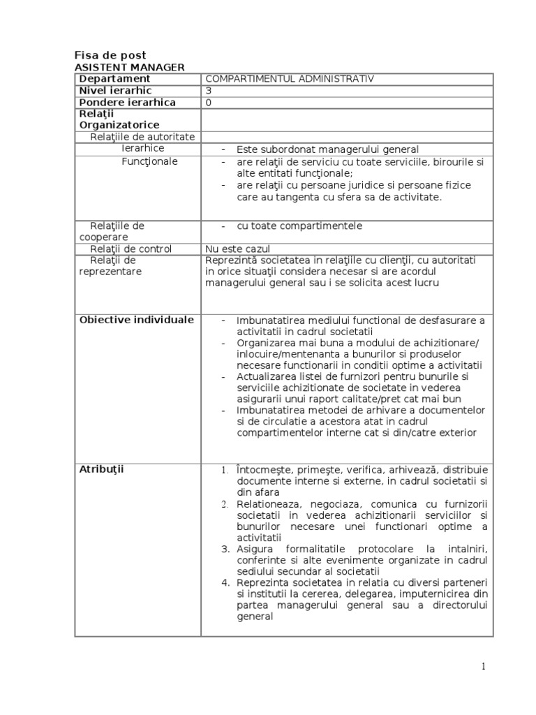 Fisa de Post Asistent Manager | PDF