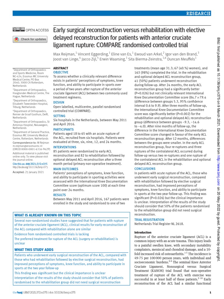 Early Surgical Reconstruction Versus Rehabilitation | PDF