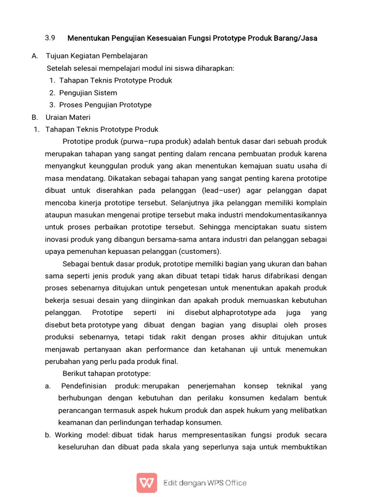 3.9 Menentukan Pengujian Kesesuaian Fungsi Prototype Produk Barang - Jasa PDF | PDF