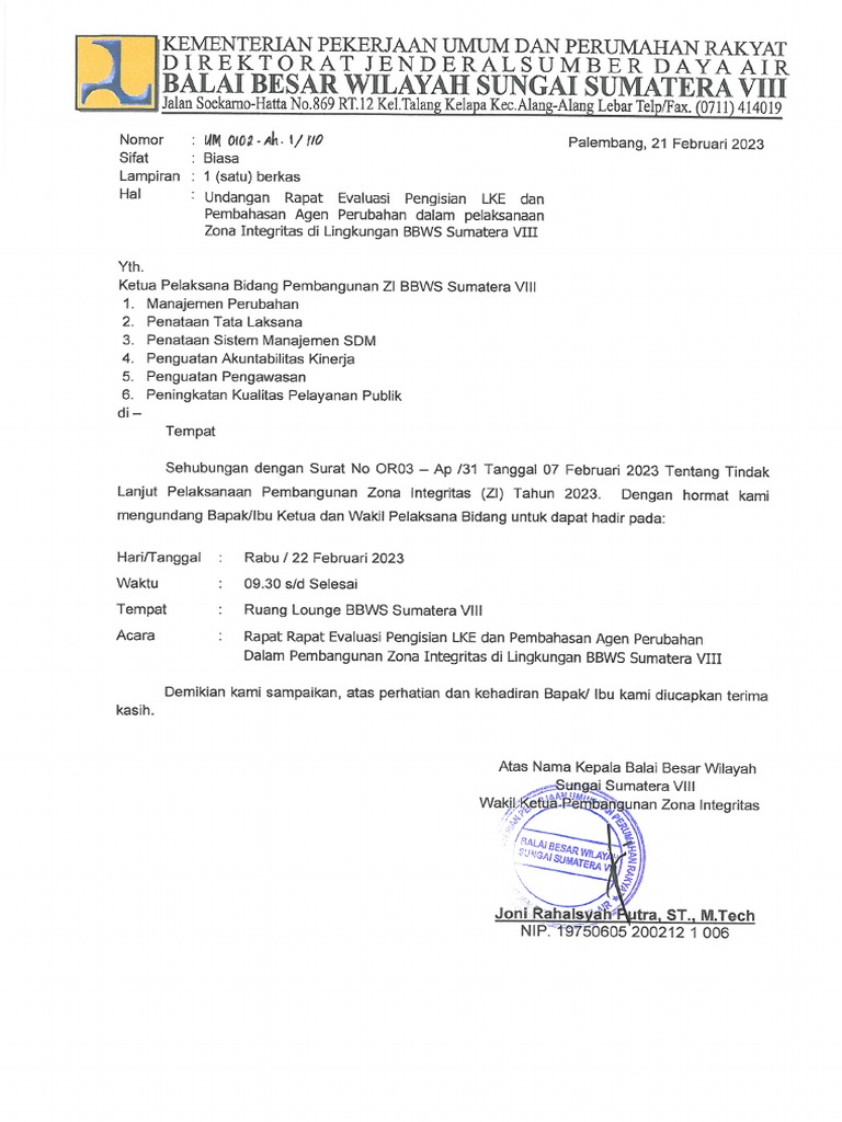 Undangan Rapat Evaluasi Pengisian LKE Dan Pembahasan Agen Perubahan ...