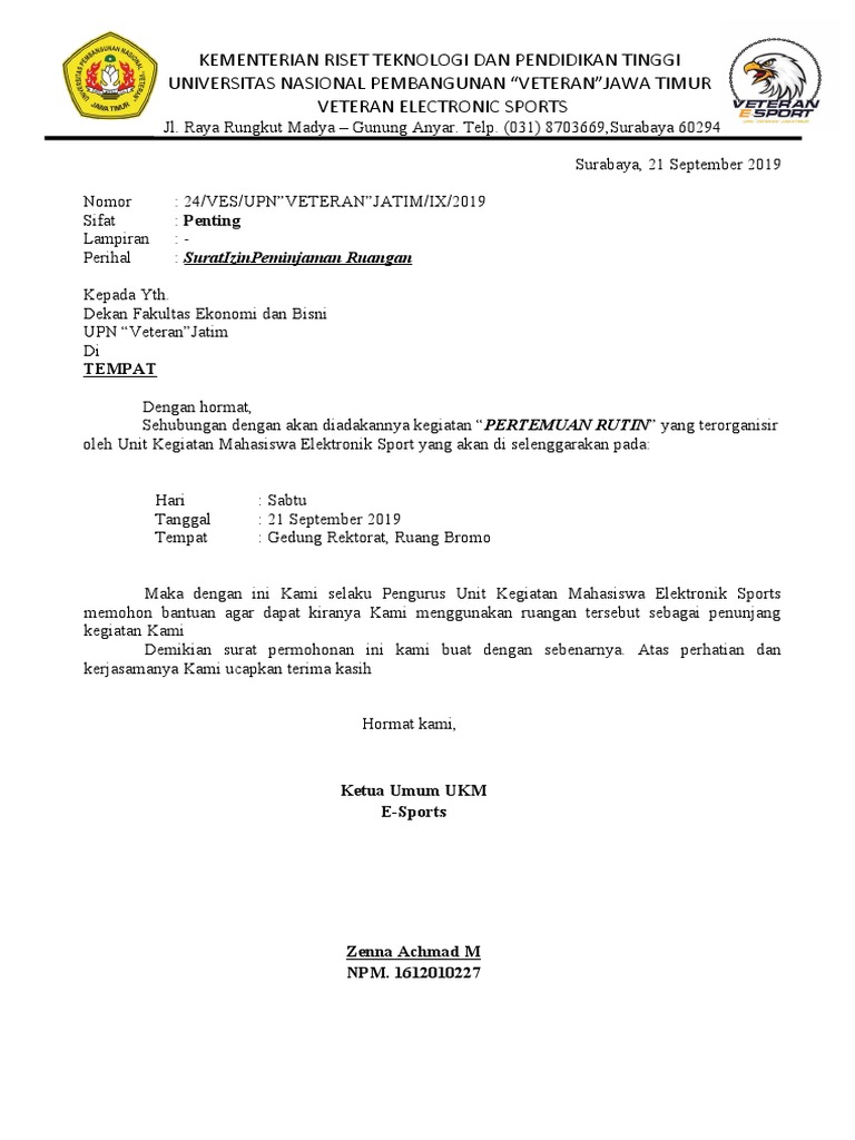 Surat Ijin Peminjaman Ruangan Kelas | PDF