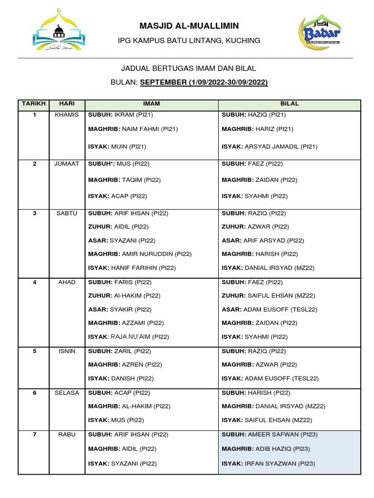 Jadual Bertugas Imam Bilal September 2022 | PDF