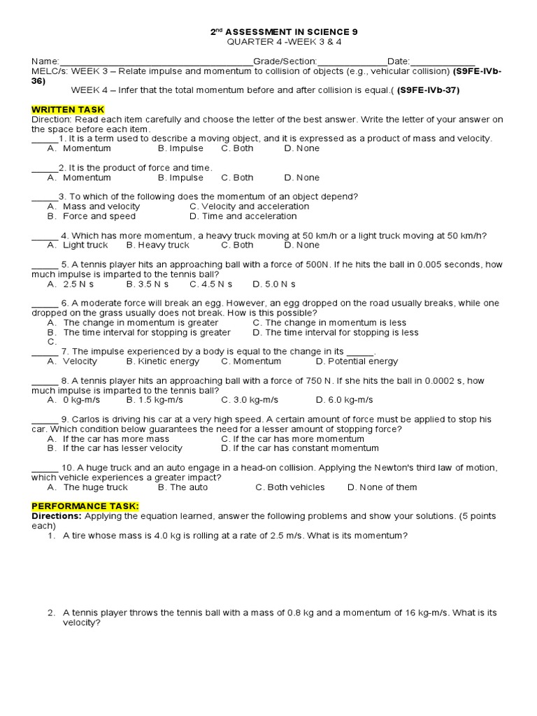 2nd Assessment in Science 9 - Momentum and Impulse | PDF