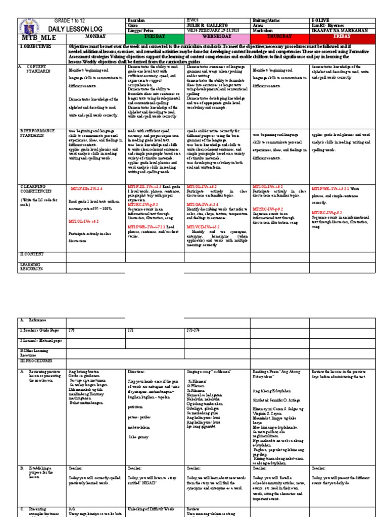 DLL Mtb-Mle - Week 36 - Quarter 4 Grade 1-Olive | PDF