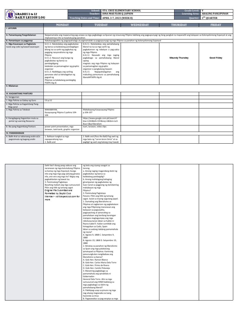 DLL - Araling Panlipunan 5 - Q3 - W8 | PDF