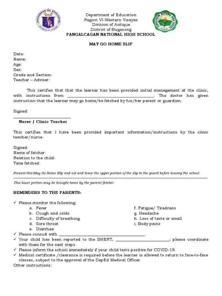 May Go Home Slip Instructions | PDF