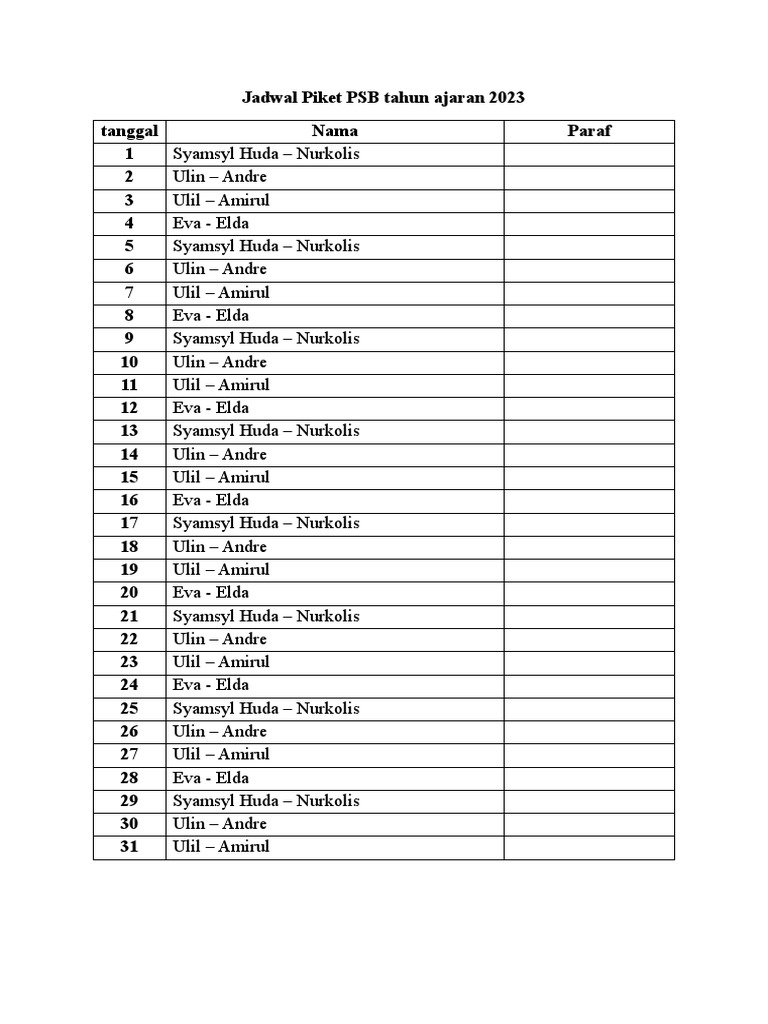Jadwal Piket PSB Tahun Ajaran 2023 | PDF
