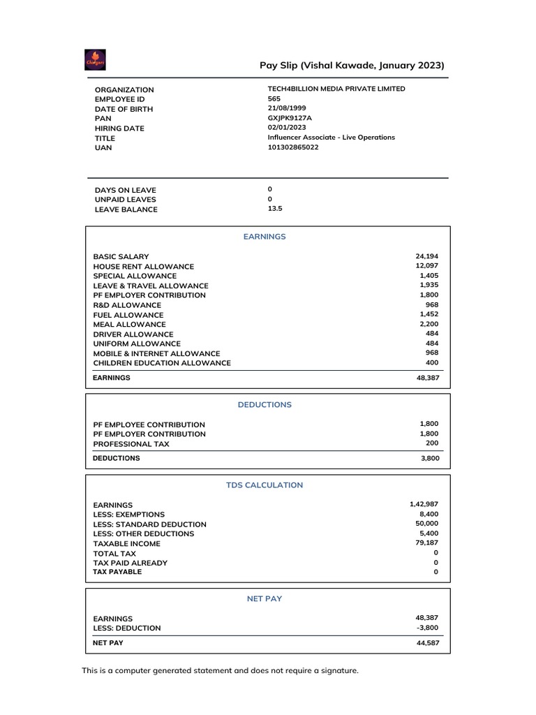 Payslip-Vishal Kawade-January, 2023-1.pdf | PDF