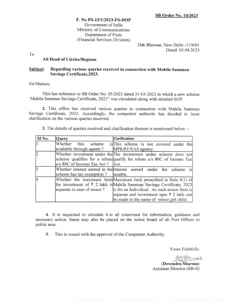 SB Order 10-2023 - Clarifications On MSSC Scheme 2023 PDF | PDF