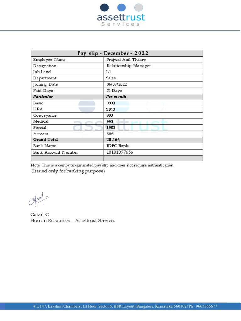 Pay Slip - Dec 22 - Prajwal PDF | PDF