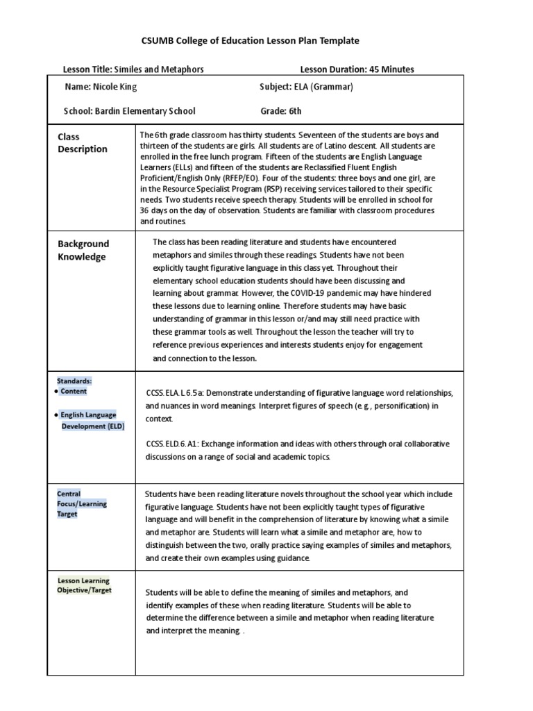 Similes and Metaphors Lesson Plan | PDF
