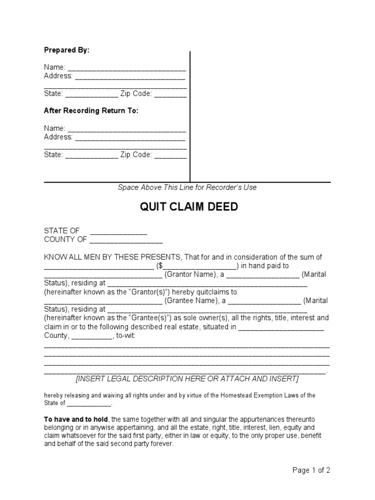 Free Printable Quit Claim Deed Form | PDF | Land Law | Civil Law (Legal ...