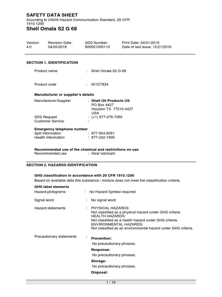 Shell Omala S2 G 68 Safety Data Sheet | PDF | Workplace | Occupational ...