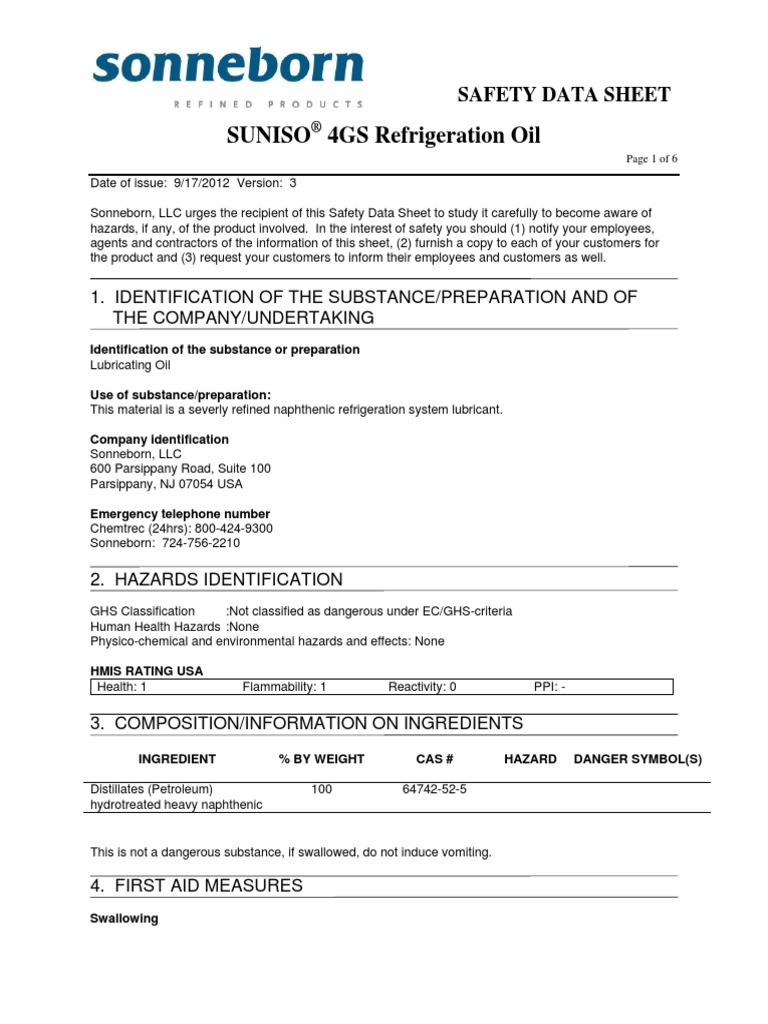Suniso 4GS - MSDS PDF | PDF