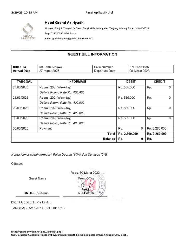 Invoice Grand Ar-riyadh Hotel 1.2.docx | PDF