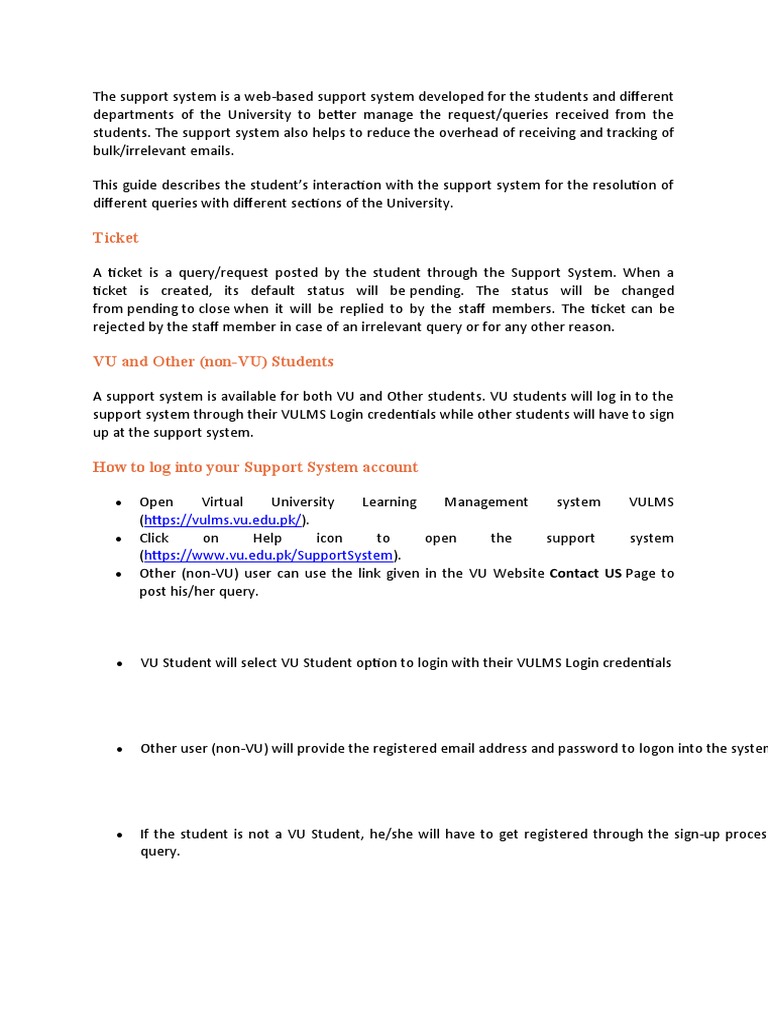A Guide to Using the Virtual University Student Support System: Logging in, Creating Tickets ...