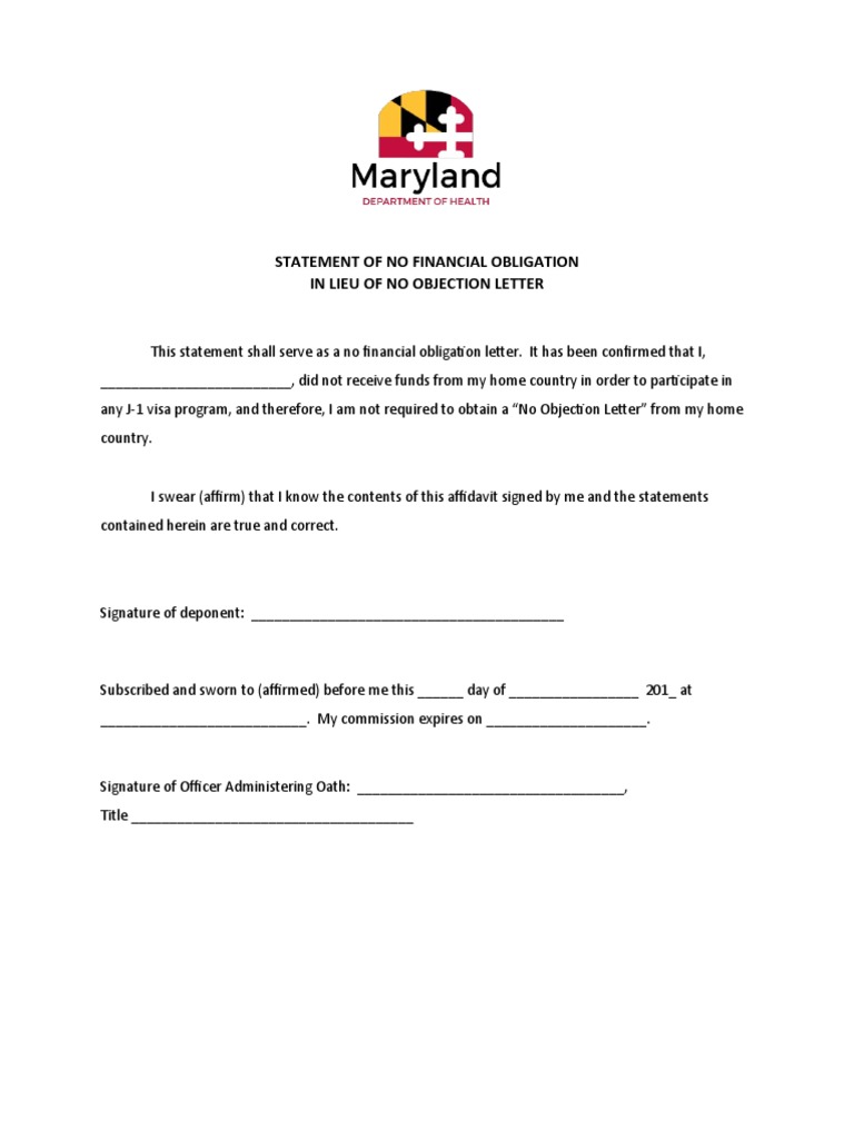 Statement of No Financial Obligation in Lieu of No Objection Letter | PDF