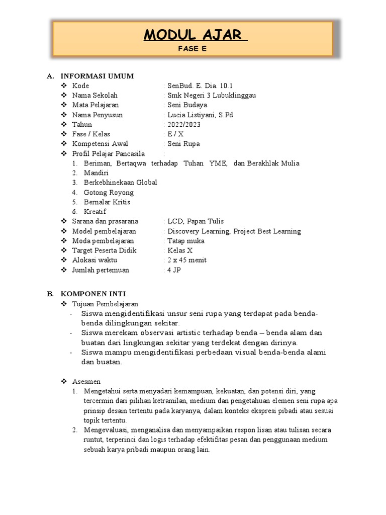 Format Modul Ajar Kelas X SBK | PDF