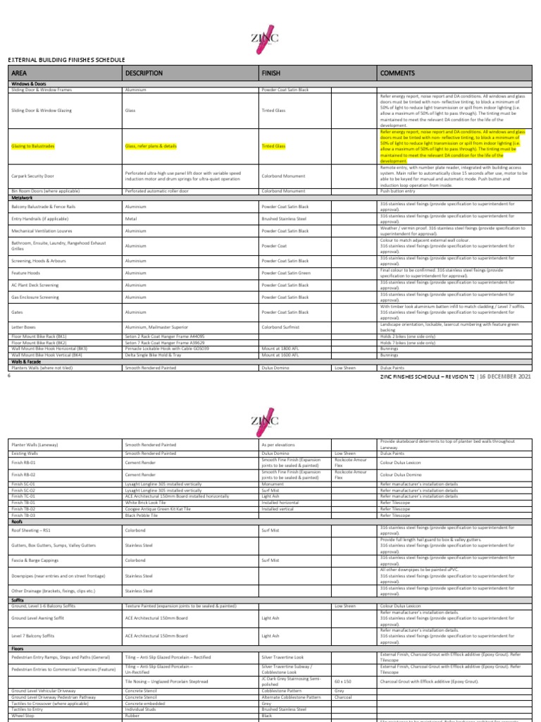 1003 ZBA 1 - External Building Finishes Schedule - Rev - 0.2 PDF | PDF